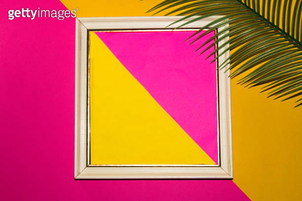 white retro frame with yellow-pink background around the frame pink ...