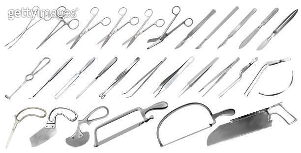 Surgical instruments set. Tweezers, scalpels, plaster and bone saws ...