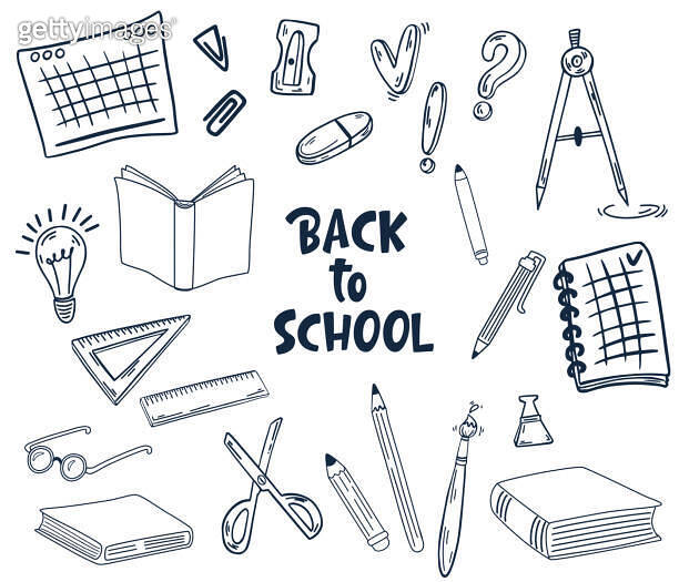 School supplies. Back to school. Big set of doodle hand draw school ...