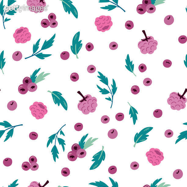 Berry Seamless Pattern. Raspberries, blueberries and leaves background ...