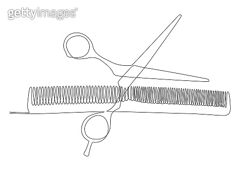 One continuous line drawing of comb and scissor. Thin Line Illustration ...