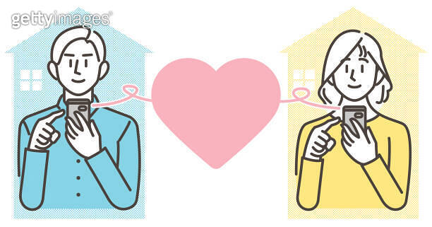 Couple in long distance relationship smiling and texting on smartphone ...