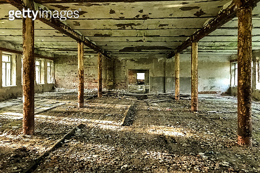 An abandoned interior Soviet military barracks in a military unit ...