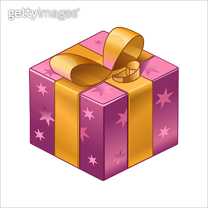 Purple shiny box with gifts, with a gold ribbon and stars. Isolated ...