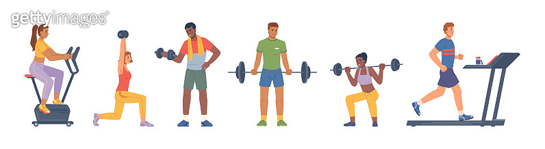 People working out in gym using barbells and dumbbells, treadmill ...