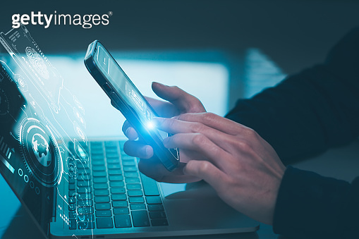 Man using laptop computer,shield,padlock icon,concept internet network ...