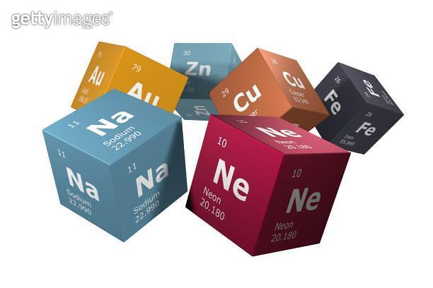 3D illustration of the elements of the periodic table, sodium, neon ...