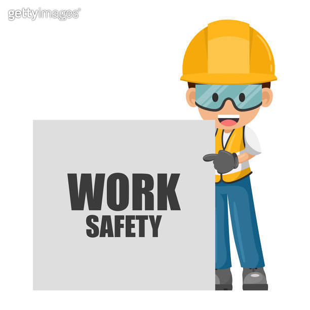 Construction industrial worker with his personal protective equipment and work safety poster ...