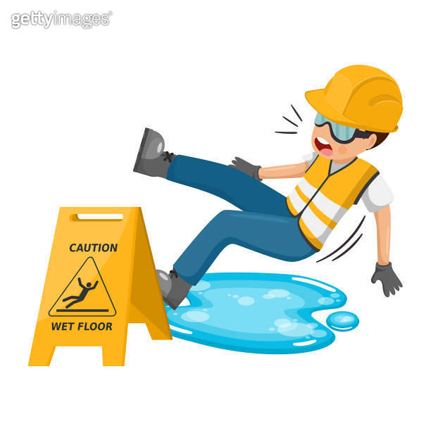 Wet floor warning and caution sign to avoid falls and accidents. Worker ...
