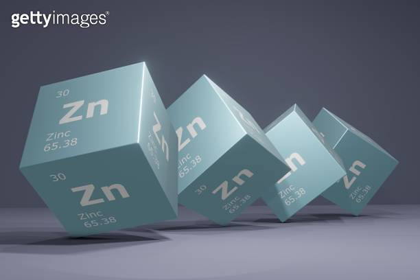 3D illustration of zinc, chemical element of the periodic table ...