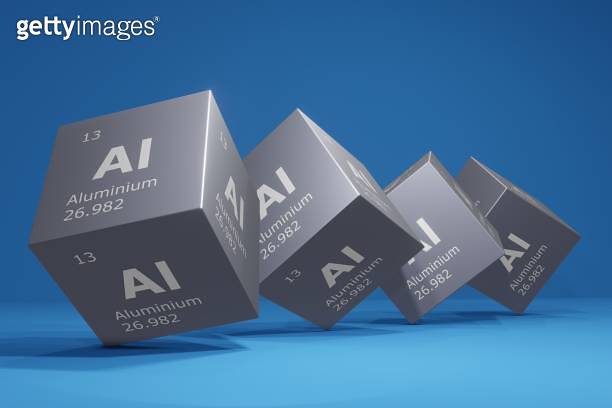 3D illustration of aluminum, chemical element of the periodic table ...