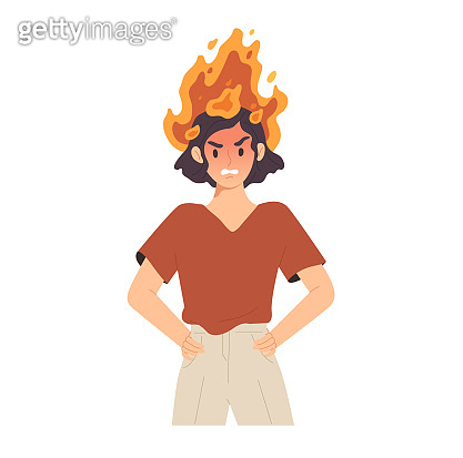 Angry female with fire on her head. Mad and furious cartoon character ...
