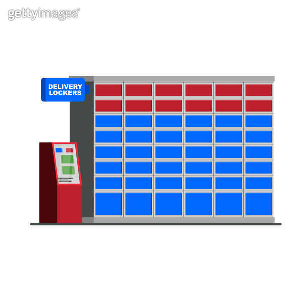 Parcel locker. Postman and locker with digital panel for password. The ...