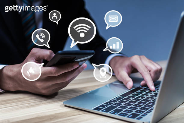 Network. business people hand using mobile phone with virtual graphic ...