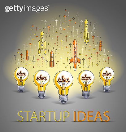 Group of shining light bulbs and set of launching rockets, startup ideas concept, teamwork ...