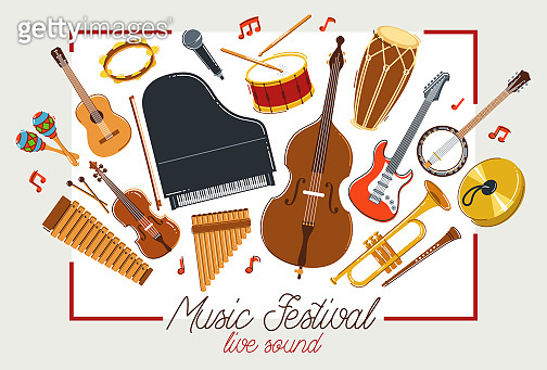 Music orchestra diverse instruments vector flat poster, live sound ...