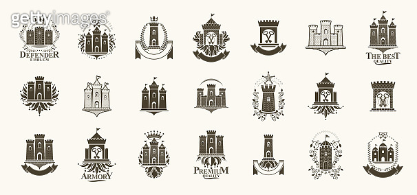 Castles big vector set, vintage heraldic fortresses emblems collection ...