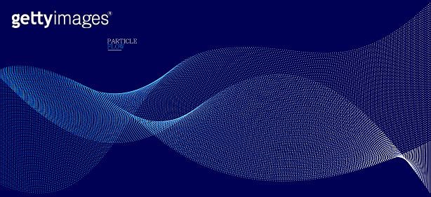 Blue dots in motion dark vector abstract background, particles array wavy flow, curve lines of ...