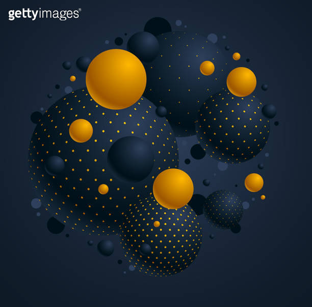 Abstract black and yellow dotted spheres vector background, composition ...