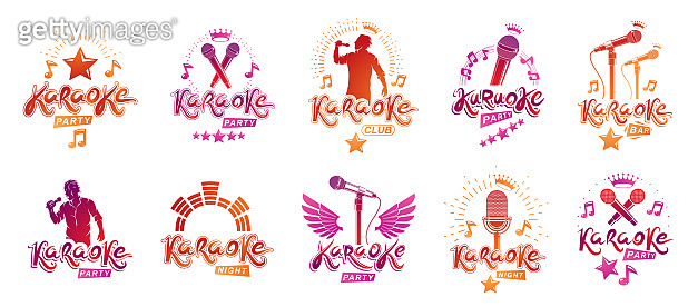 Karaoke party or club logos and emblems vector set isolated, singing ...