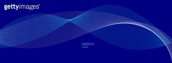 Blue dots in motion dark vector abstract background, particles array wavy flow, curve lines of ...