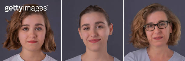 Front-view portraits of a female at different ages. There are 3 photos ...