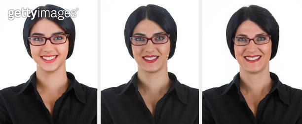 Front-view portraits of a female at different ages. There are 3 photos ...