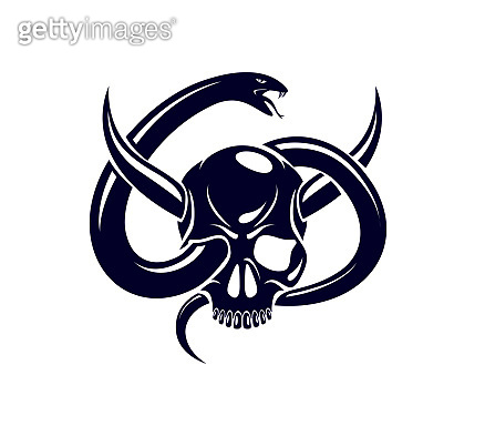 Horned skull with snake devil evil sign, vintage vector design of ...