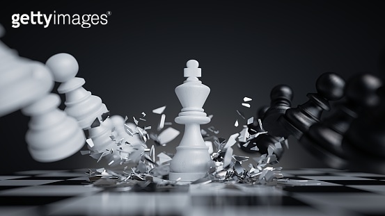 3d rendering, aggressive chess game white king attacks and crushes ...