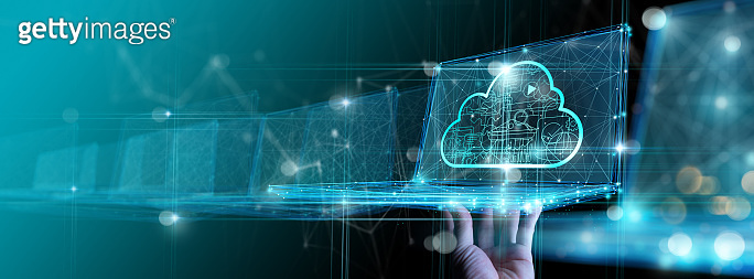 Hand showing laptop computer with cloud network Computer connects to internet server service for ...