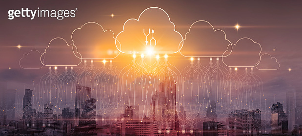 Cloud computing and download concept. Double exposure smart city ...
