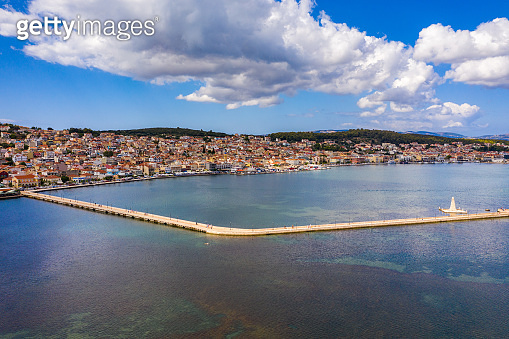 Aerial view of the De Bosset Bridge in Argostoli city on Kefalonia ...