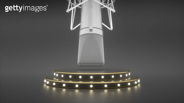 Mic podium stage scene, abstract dark with lights. Stage with ...