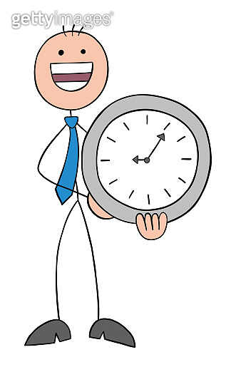 Stickman businessman holding clock and very happy, hand drawn cartoon ...