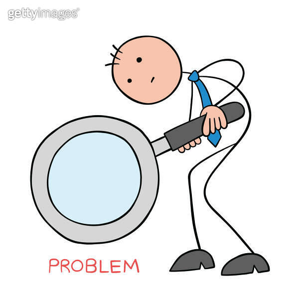 Stickman businessman examines small problem word with magnifying glass ...