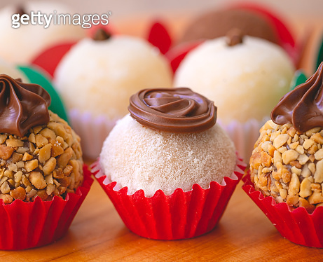 Brazilian gourmet brigadeiro in close-up photography. Brazilian food ...