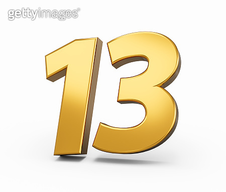 Gold number 13 thirteen isolated white background. shiny 3d number 13 ...