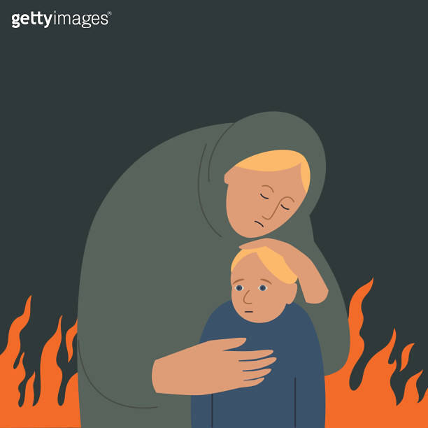 Mother hugging her child . The refugees fleeing the war and fire 이미지 ...