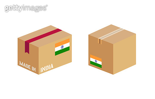 box with India flag icon set, cardboard delivery package made in India ...