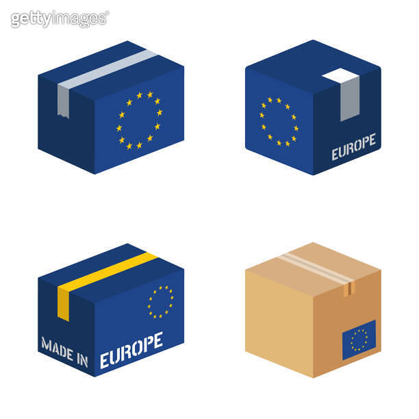 Cardboard packaging with European Union flag icons, made in Europe box ...