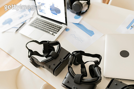 vr glasses in computer workspace futuristic desktop computer workspace ...