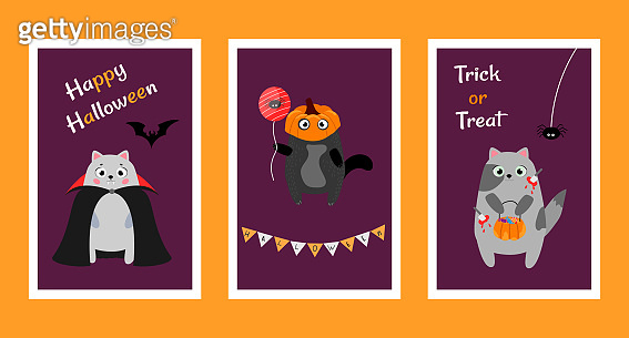 Vector set of postcards for Halloween. Three postcards with cute cats ...