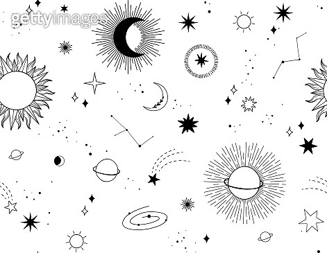 Modern hand drawn vector seamless pattern of planet, star, sun, comet ...