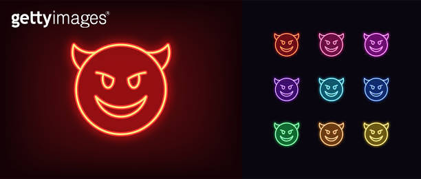 Outline neon devil emoji icon. Glowing neon evil emoticon with horns ...