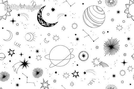 Modern hand drawn vector seamless pattern - cosmos and planets, stars ...
