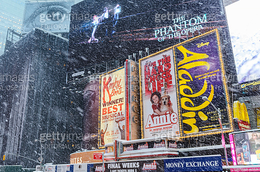 Electronic billboards in Times Square New York advertising theatre shows are displayed on the ...