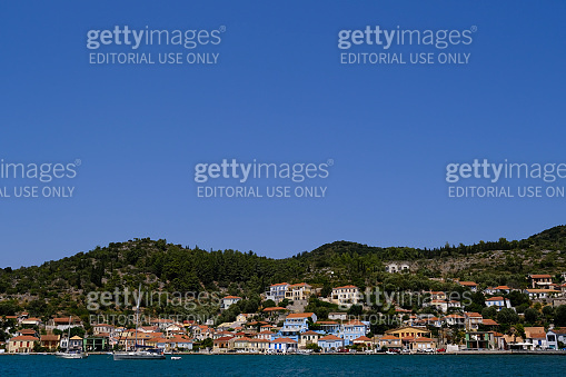 Ithaca, Greece, July 31, 2021. Panoramic view of Vathy which is the ...