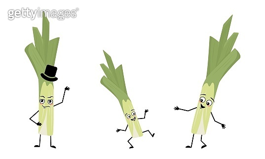 Family of green leek character with happy emotions and poses, smile ...