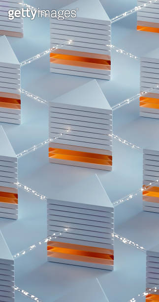 3D rendered illustration of a server room blockchain with triangle ...