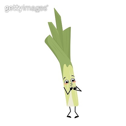Cute green leek character with love emotions, smile face, arms and legs ...